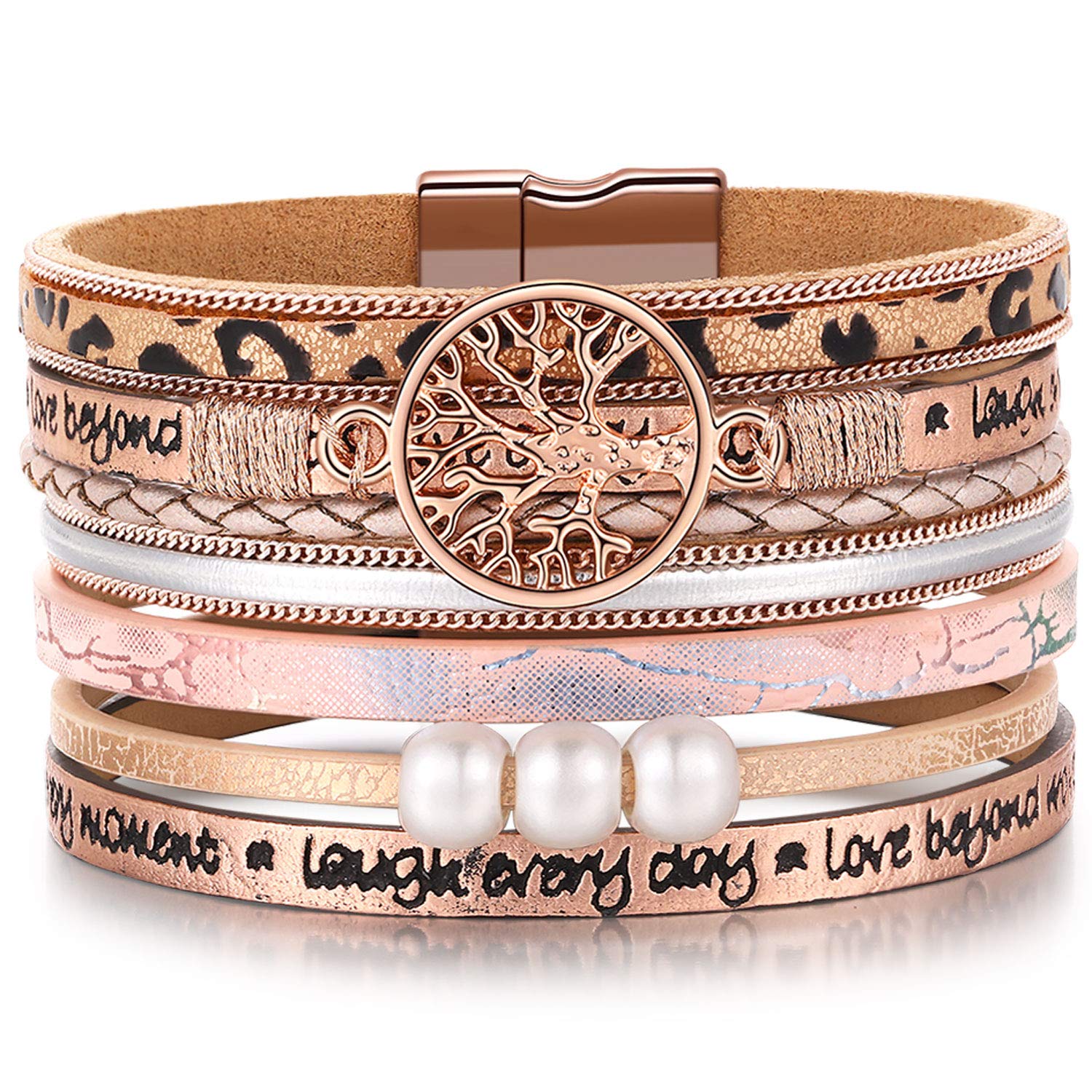 Gifts for Teenage Girls, Inspirational Leopard print rose gold leather Wrap Boho Bracelets for Women,Easter Christmas Birthday Jewelry Gifts for Teen Girls