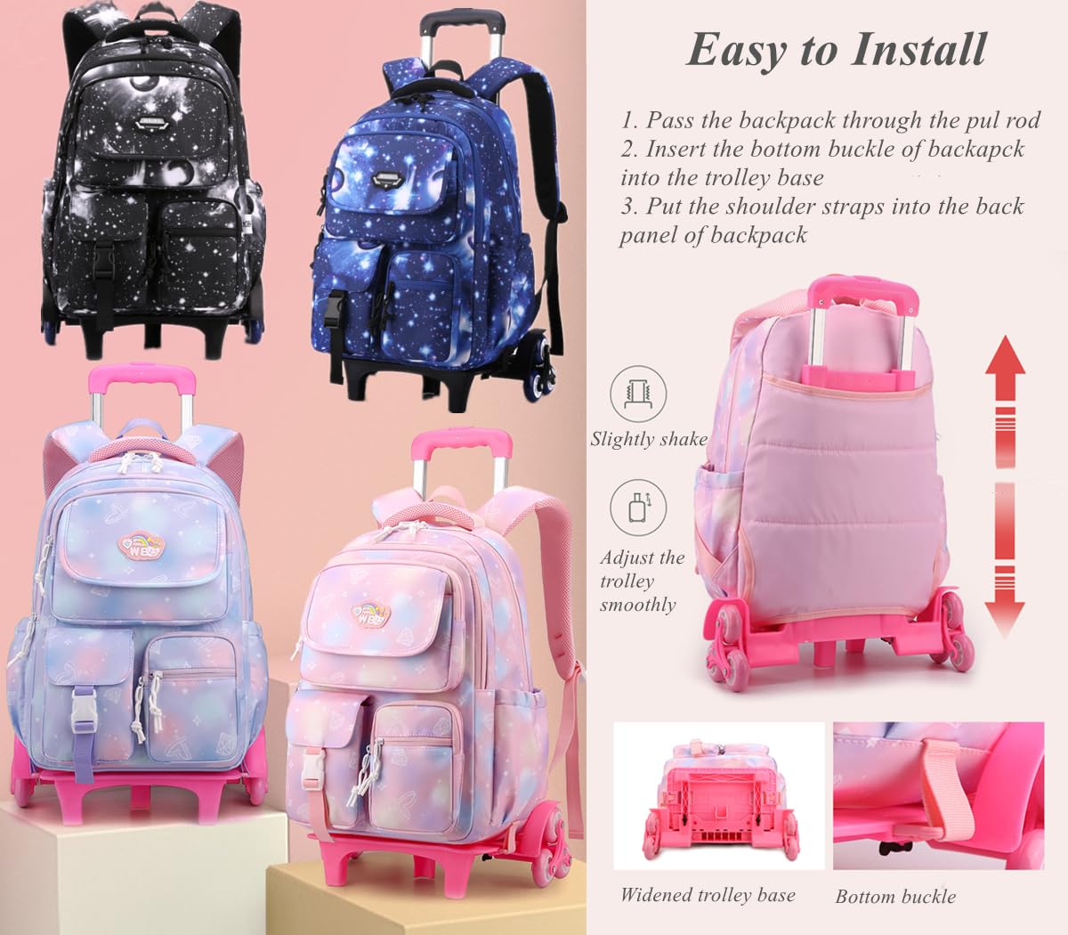 Galaxy Boys Rolling Backpack for School Elementary, Trolley Bookbags School Bags Backpacks for Kids Boys with 6 Wheels