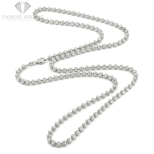 Giorgio Bergamo 925 Italian Sterling Silver 4mm Ball Bead Moon Cut Chain, Rhodium Dog Tag Solid Necklace, (24)