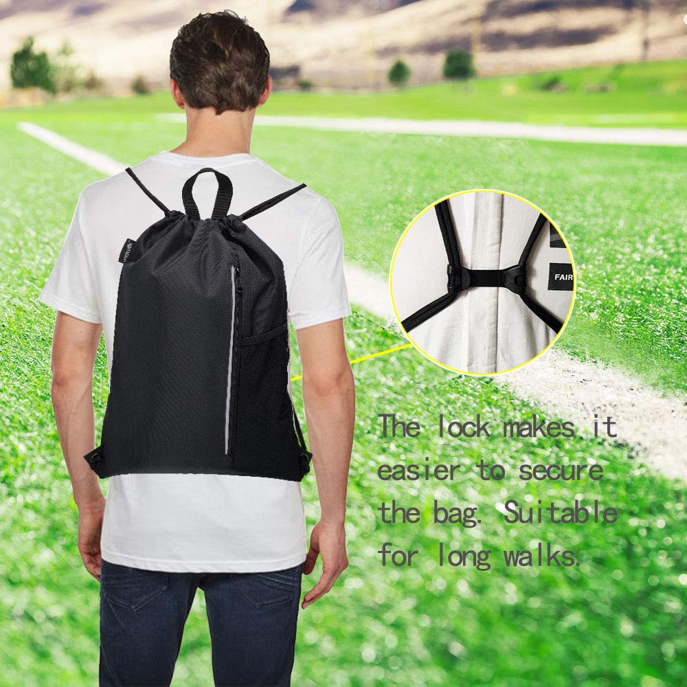 HOLYLUCK Drawstring Backpack Sports Gym Bag String Bag Sports Sackpack Gym Sack for Women Men with Zipper - black