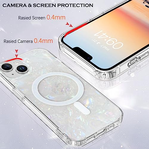 YINLAI Case for iPhone 14 / iPhone 13 [Compatible with MagSafe] Magnetic Slim Glitter Bling Sparkly Pearl Mother-of-Pearl Seashell Women Girly Soft Shockproof Protective Phone Cover 6.1 Inch, White
