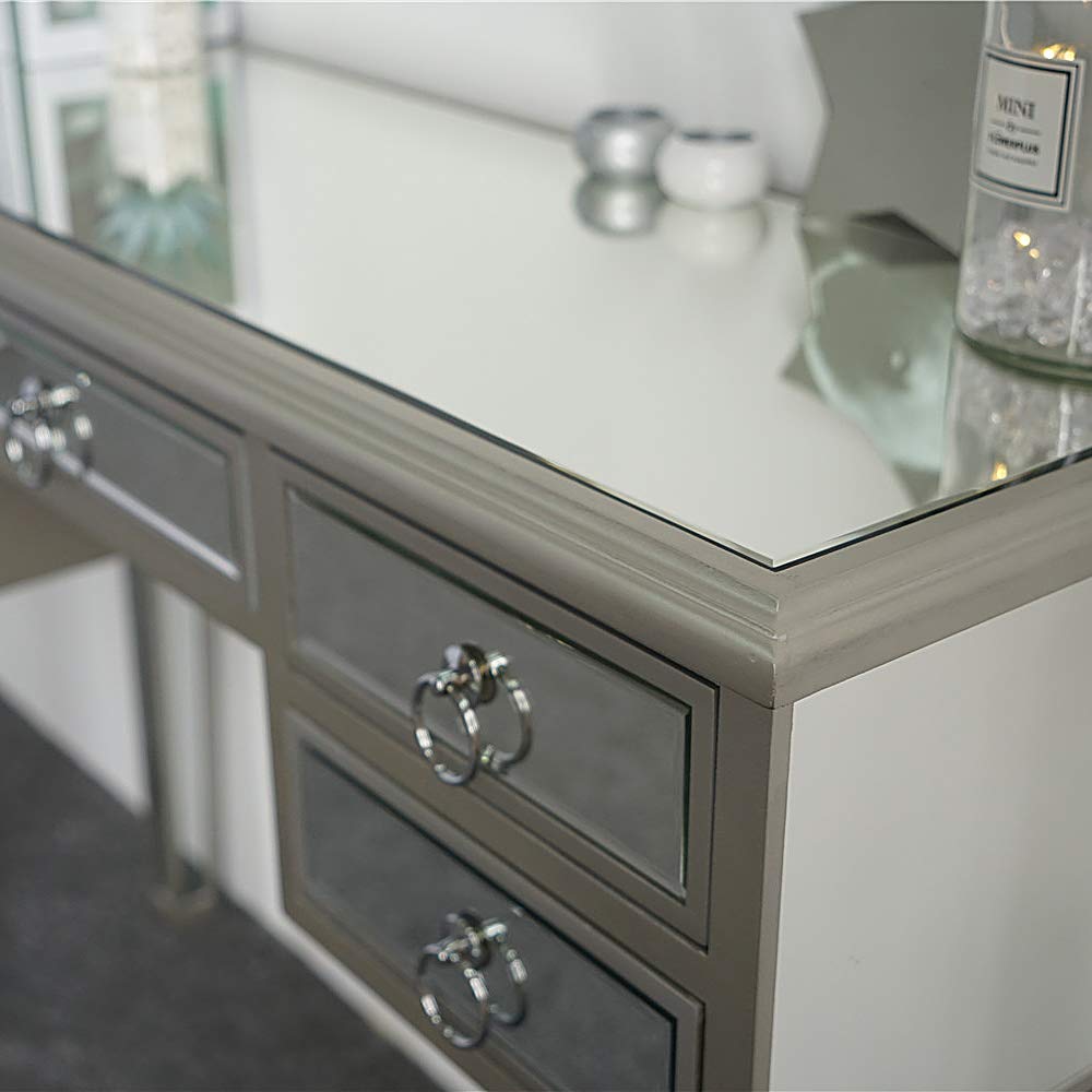 Henf Mirrored Makeup Vanity Table Desk,Mirrored Console Table, 5 Drawers Media Console Table for Women Home Office Writing Desk Smooth Finish