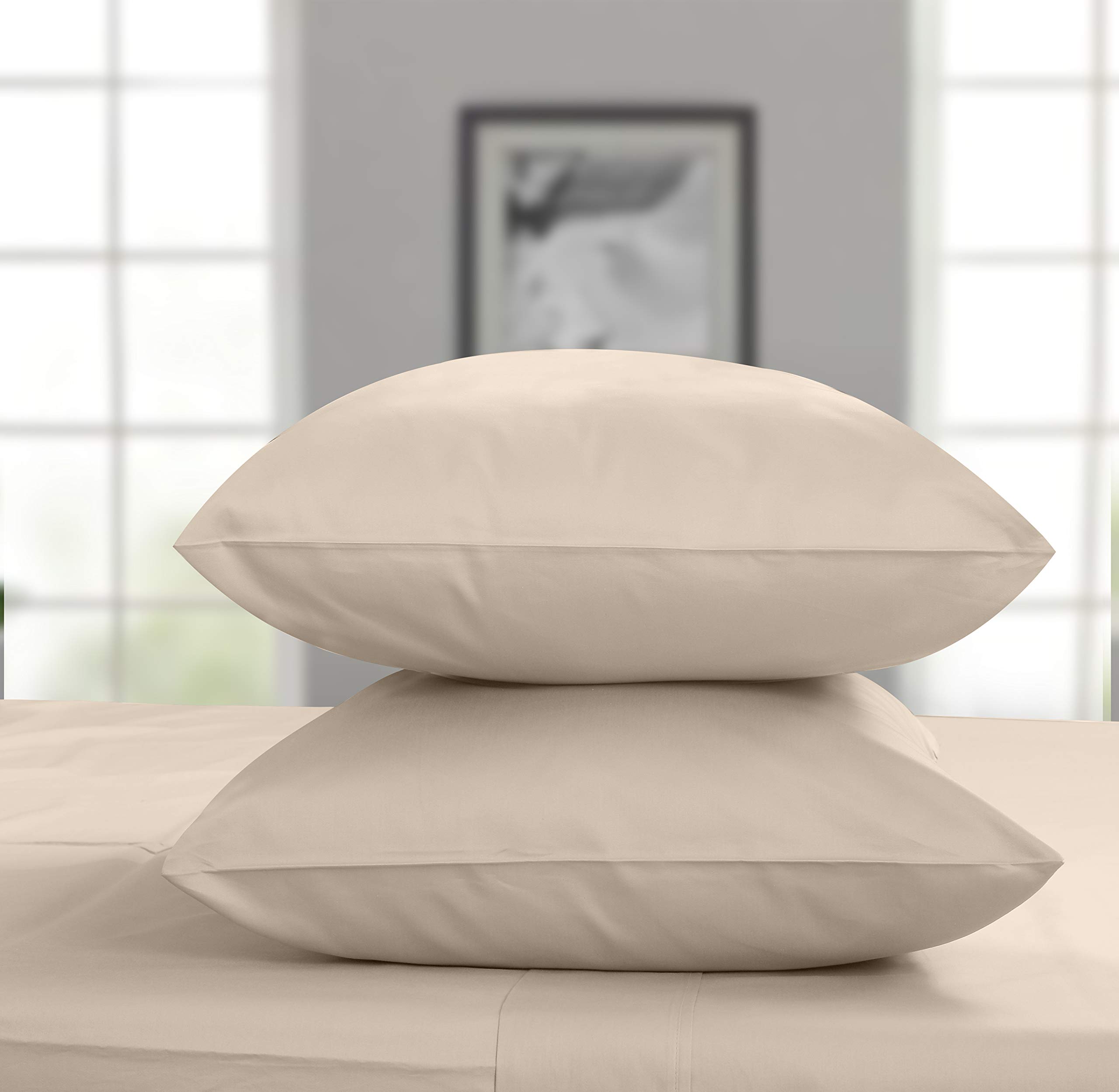Threadmill King Size Pillow Cases Set of 2-100% Pure Cotton 300 Thread Count Sateen Weave Beige Pillow Cases - Ultra Soft & Silky, Comfortable Bed Pillow Covers - Hotel Quality Pillow Protectors