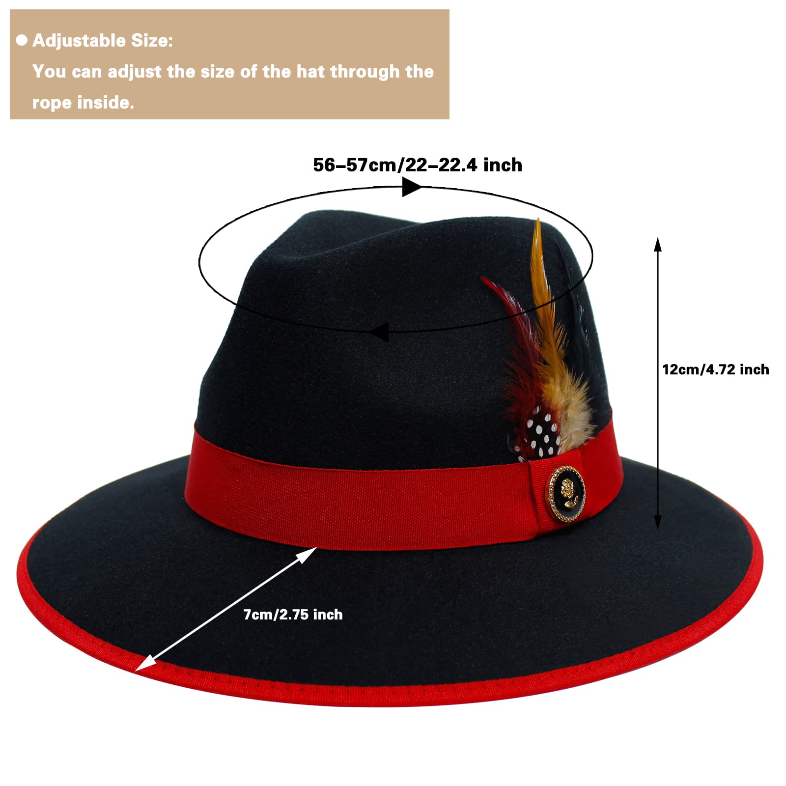 Kalerona Black Fedora Hat for Men & Women Red Trim with Band and Feathers and Decorative Buckle