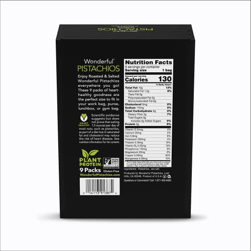 Wonderful Pistachios In Shell, Roasted and Salted Nuts, 1.5 Ounce Bag (Pack of 9), Protein Snack, On-the-Go, Individually Wrapped Healthy Snack