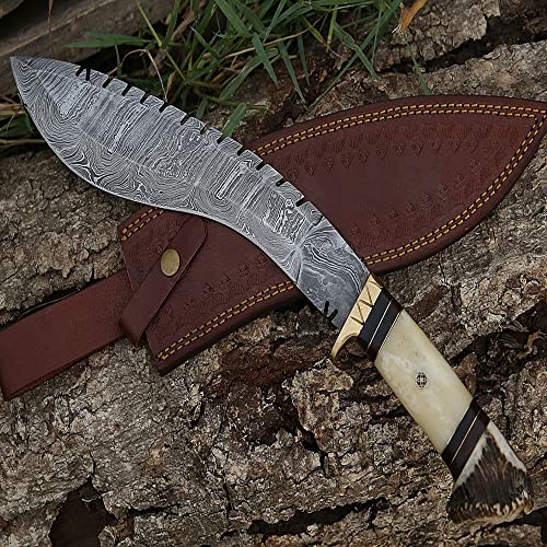 Handmade Damascus Kukri Knife with Stag Horn and Bone Handle Survival Knife Anniversary Gift Camping Knife Gift for Him Groomsmen gift EDC
