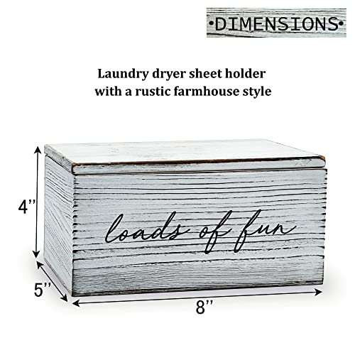 Queen and Oak Dryer Sheet Holder - Rustic Farmhouse Wooden Box with Hinged Lid Dispenser for All Fabric Softener Sheets High Capacity Laundry Room Decor Grayish White 8*4.8*4 inch