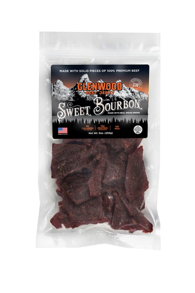 Glenwood Snacks Beef Jerky Sweet Bourbon 9 Ounce Resealable Bag - Moist & Tender Beef Jerky, Gluten-Free Jerky, Made in the USA