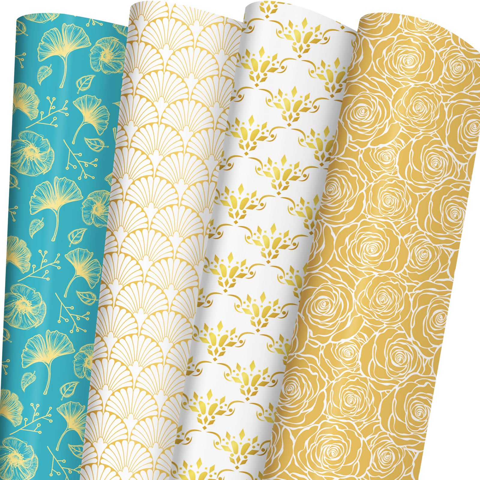 GIOLNIAY Floral Wrapping Paper for Wedding Bridal Shower Birthday - Gift Wrap with Rose, Ginkgo Leaf, Shells, Geometric Designs - 8 Folded Sheets (20 * 29 Inch), Recyclable, Easy to Store