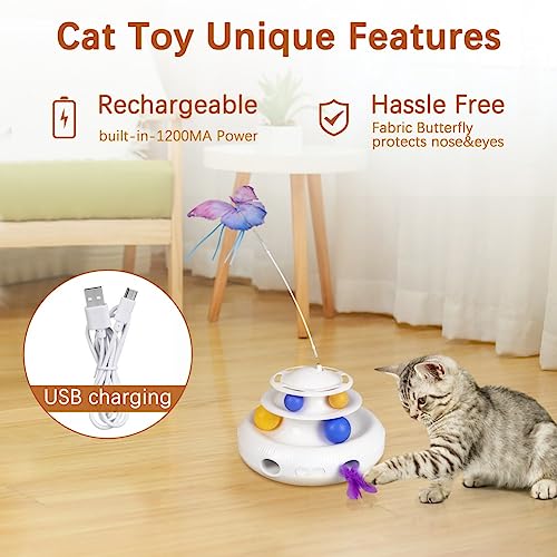 Gyuzh Cat Automatic Toy,3 in 1 Interactive cat Toys,Automatic Interactive Cat Toys USB Rechargeable with Feather and Butterfly Balls for Indoor Cat Kitten