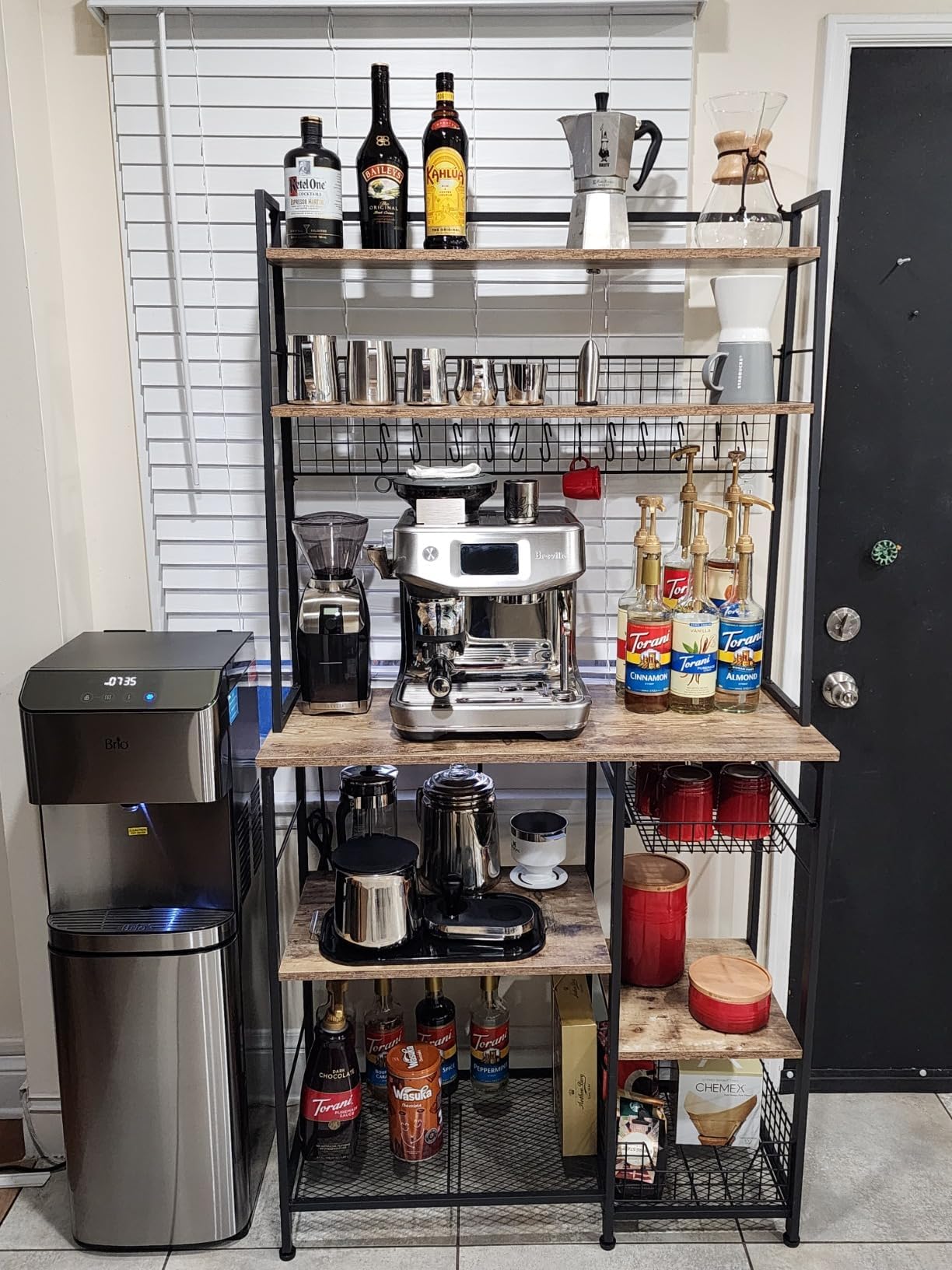 X-cosrack 5-Tier Coffee Bar Rack, Industrial Bakers Rack with Storage Shelves Hooks, Microwave Rack Organizer with Wire Basket Drawer for Kitchen, Coffee Station Pantry, (Rustic Brown)