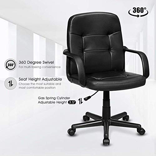 Home Office Furniture Decor Executive Computer Black Swivel Chair Ergonomic Mid-Back Comfortable and Relax Adjustable Seat Height Heavy Duty Chrome Base Soft PU Leather Breathable Sponge Cushion