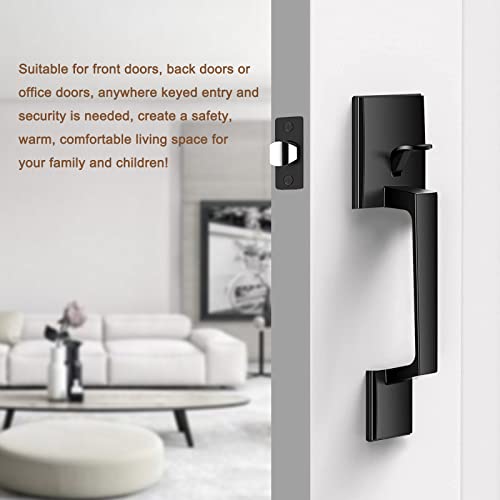 Tionzion Front Door Handle, Single Cylinder Handleset with Deadbolt and Lever Door Handles for Exterior Door, Reversible for Right and Left-Handed, Entry Door Lock Set Matte Black Finish