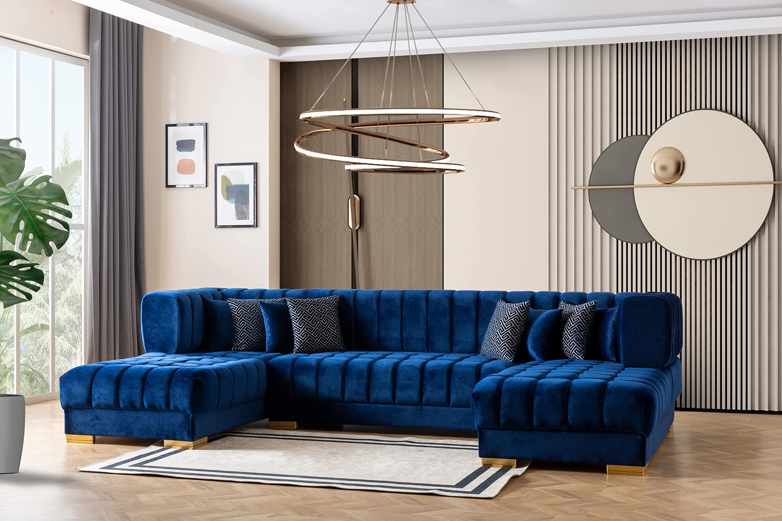 STAFFORA Sectional Sofa, Double Chaise Oversized U Shaped Couch, Ariana 7 Seater Velvet Sofa for Living Room (Blue)