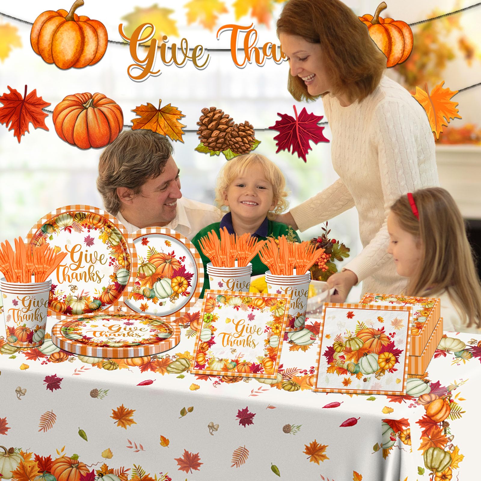 Thanksgiving Party Supplies,142pcs Fall Theme Tableware Set Include Give Thanks Plates Cups Napkins Plastic Tablecloth for Autumn Harvest Thanksgiving Party Supplies