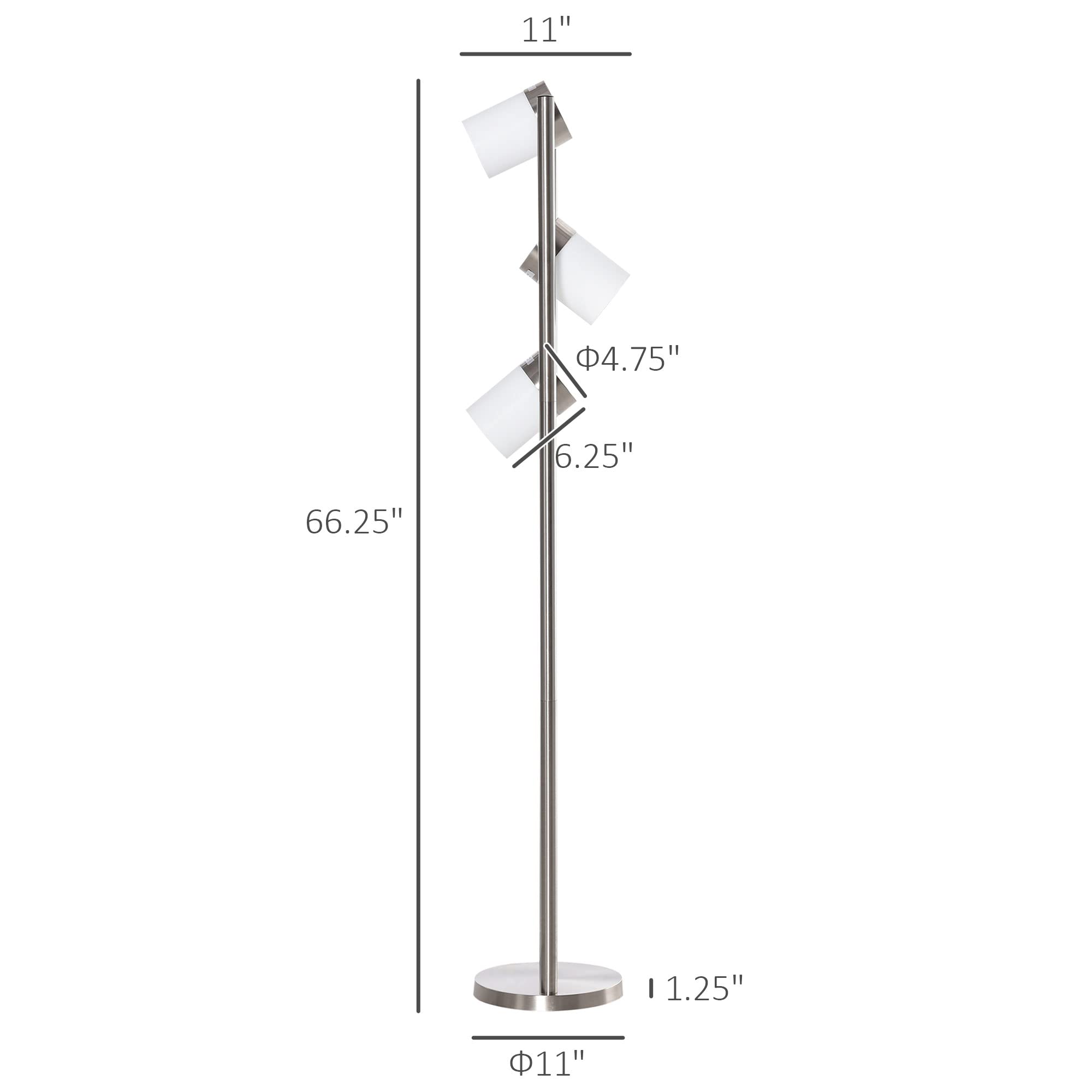 HOMCOM Floor Lamp, Modern Standing Light with 3 Rotating Lights for Living Room, Bedroom, Office, Silver