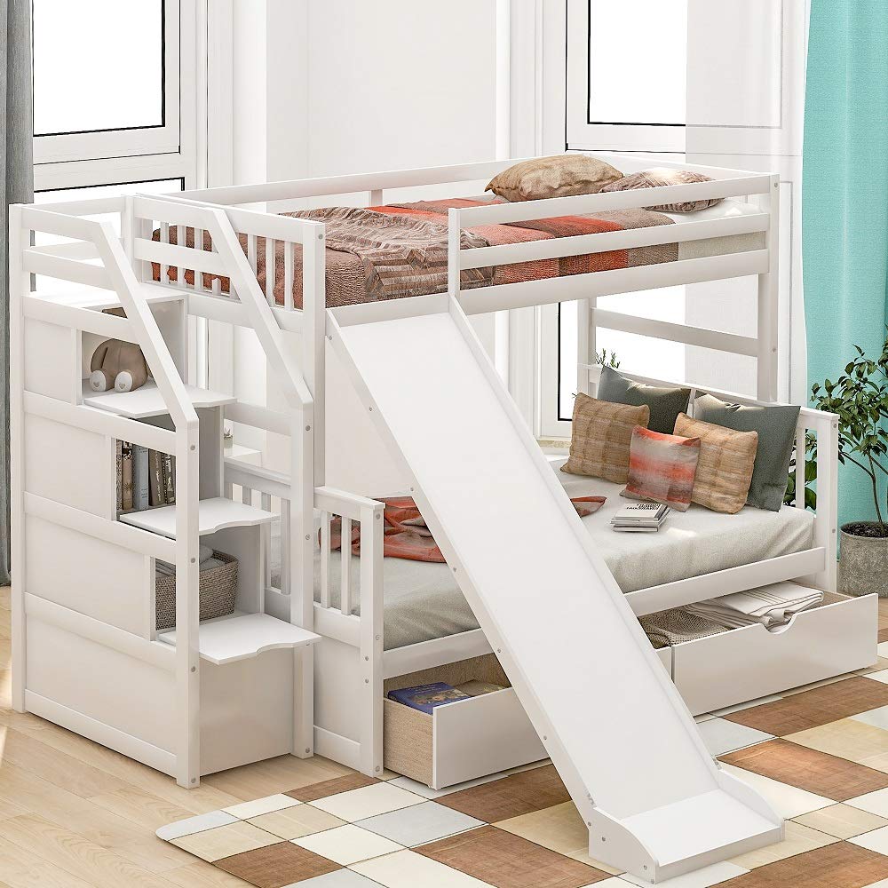 Harper & Bright Designs Twin Over Full Bunk Beds, Storage Low Bunk Beds with Slide and Staircase, No Box Spring Needed (Low Bunk Beds Twin Over Full White)