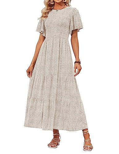 ZESICA Women's 2023 Summer Casual Floral Print Short Flutter Sleeve Crew Neck Smocked High Waist Flowy Maxi Dress,Beige,Small