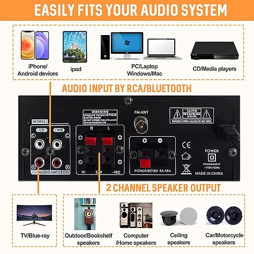 Sunbuck Max 400Wx2 Power Amplifier, 2 Channel Stereo Amplifier, Stereo Receivers with Bluetooth 5.0, Outdoor Speaker Receiver with Remote Control, Hi-Fi Small Amplifier for Speakers, AS-35BU