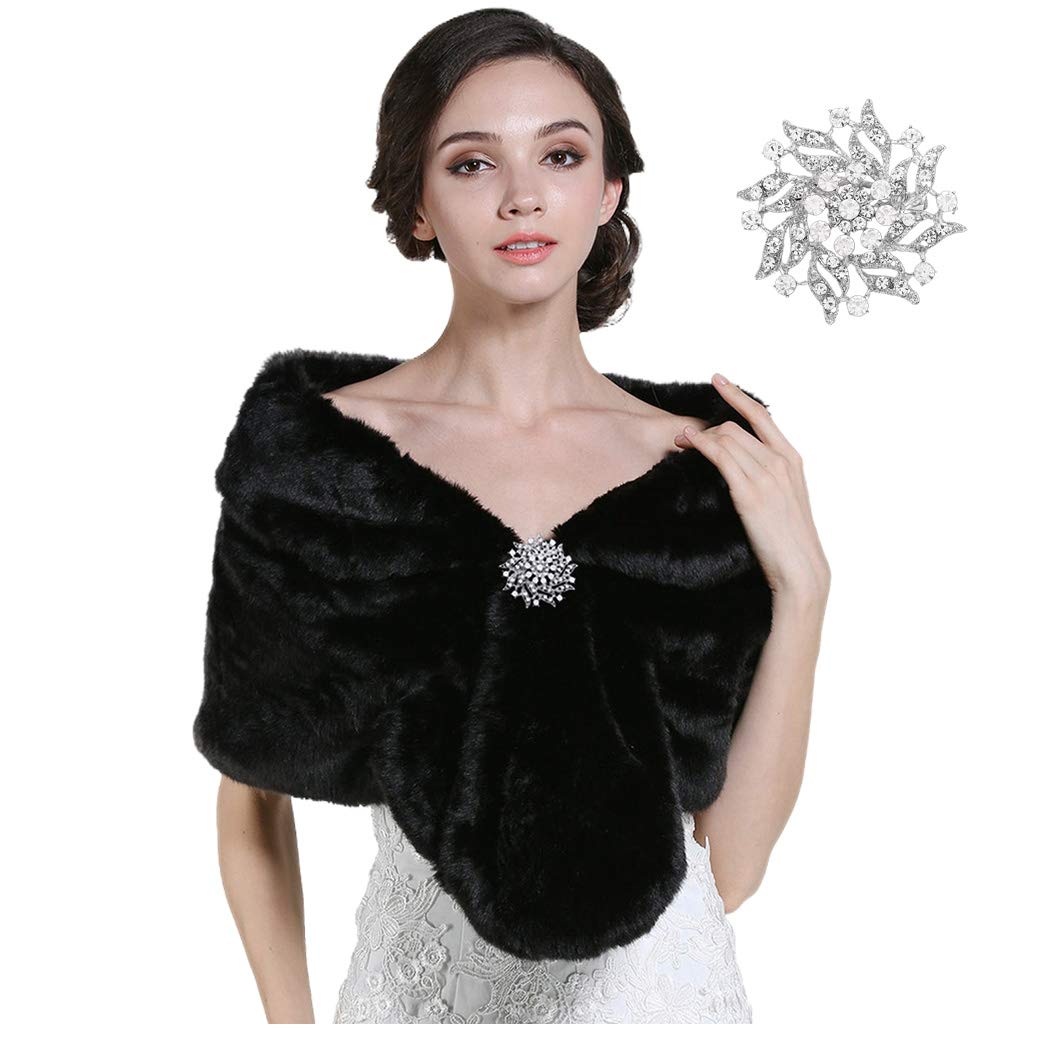 GORTIN Women's Fur Shawls Bride Wedding Faux Fur Wraps and Shawls Sleeveless Fur Stoles Fur Shrug with Brooch for Brides and Bridesmaids