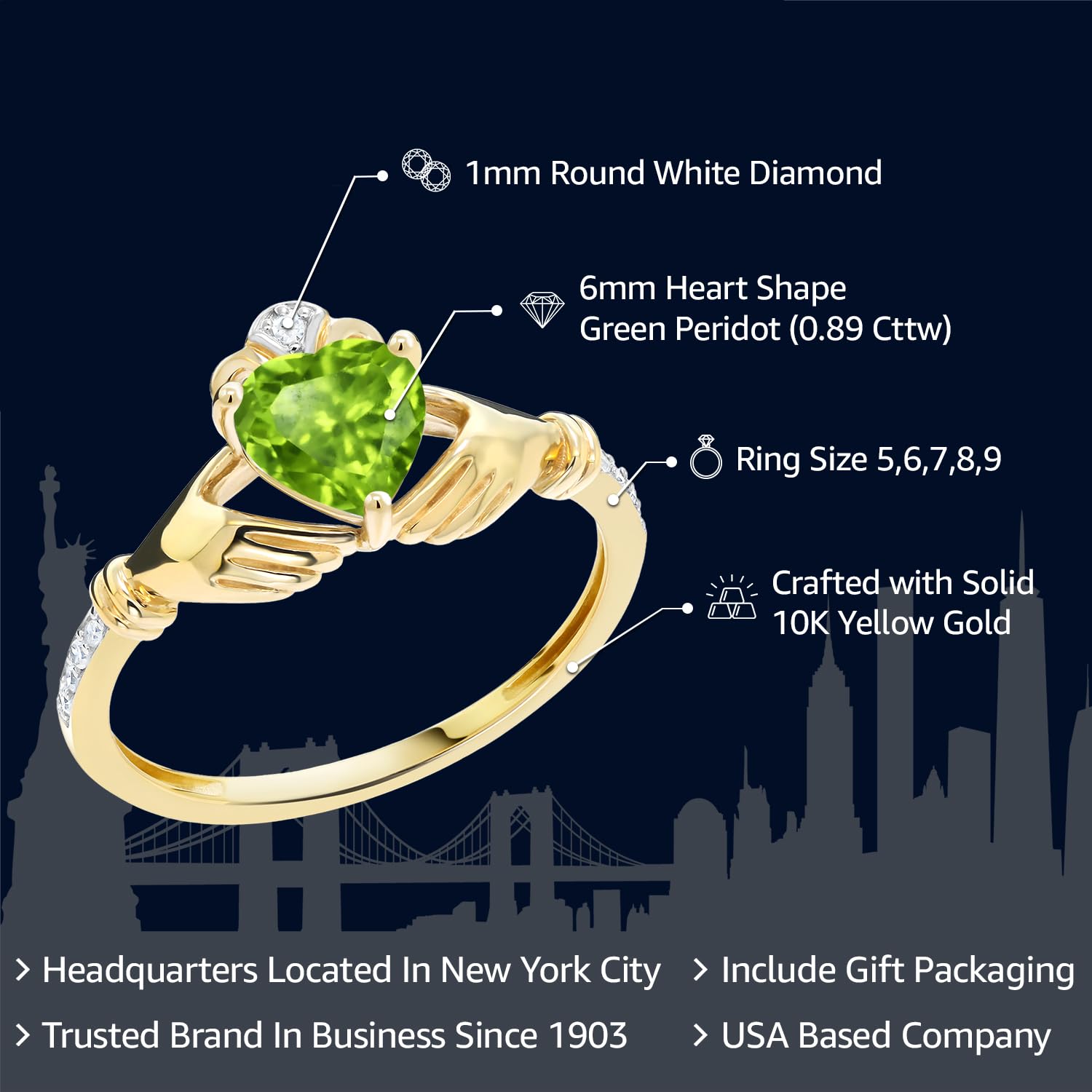 Gem Stone King 10K Yellow Gold Green Peridot and Diamond Accent Irish Celtic Claddagh Ring For Women (0.89 Cttw, Heart Shape 6MM, Available in size 5, 6, 7, 8, 9)