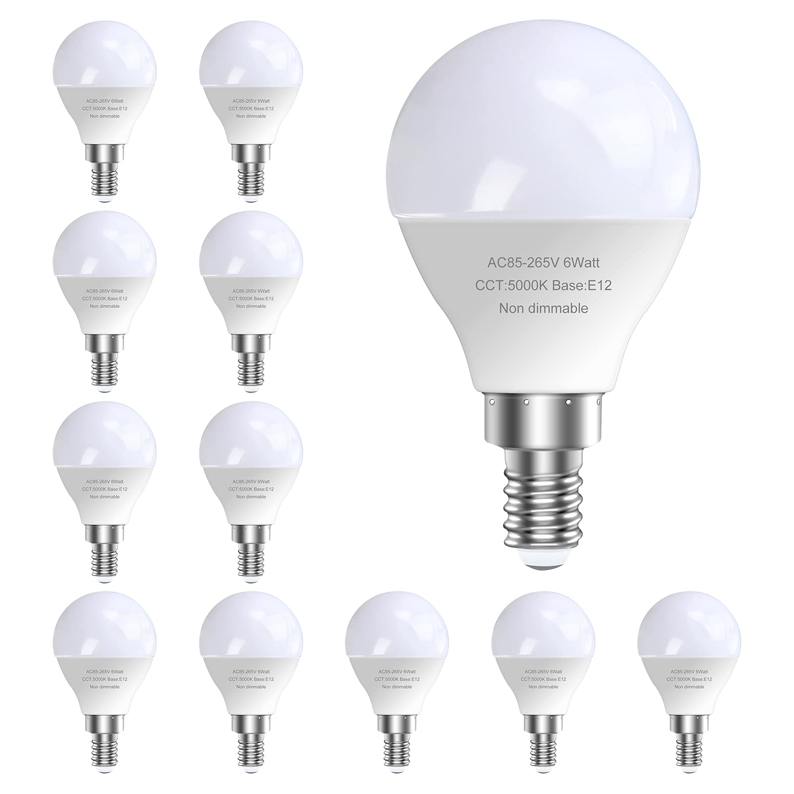 GOSCHE 12 Pack Bright Ceiling Fan Light Bulbs, 60 Watt Equivalent, 5000K, E12 Led Bulb, A15 Shape Candelabra Base Chandelier Light Bulb, 120V Small Bulb, Non-Dimmable, Daylight, 12 Pack