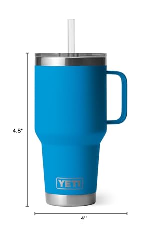 YETI Rambler 35 oz Tumbler with Handle and Straw Lid, Travel Mug Water Tumbler, Vacuum Insulated Cup with Handle, Stainless Steel, Big Wave Blue