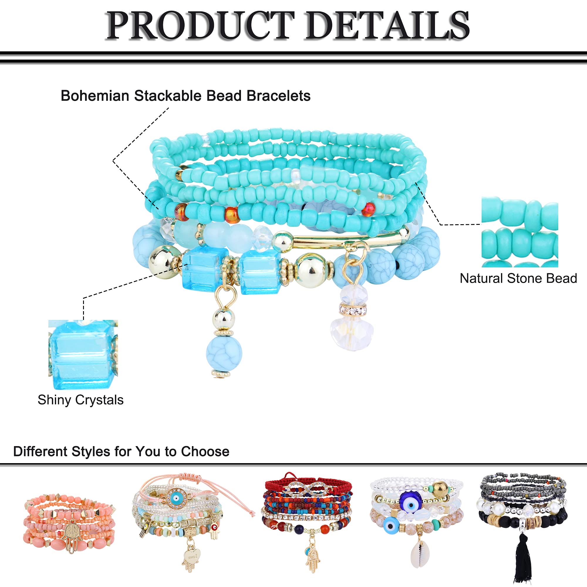 IRONBOX 6 Sets Bohemian Stackable Bead Bracelets for Women Multicolor Stretch Bead Bracelets Multilayer Boho Bracelet Set