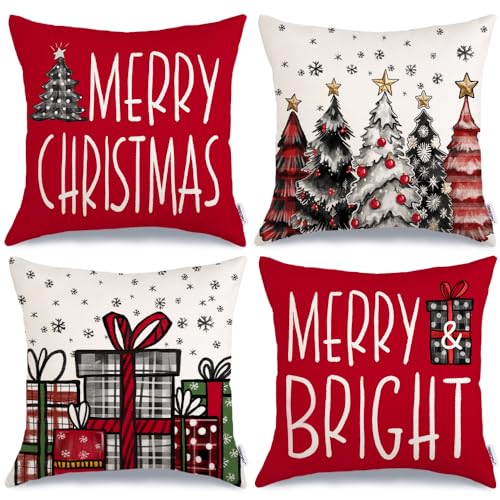 GEEORY Christmas Pillow Covers 18 x 18 Inch Set of 4, Snowflake Xmas Tree Present Merry Bright Holiday Decor Decorative Throw Cushion Cases Winter Decoration for Home Party Sofa Couch (Red)