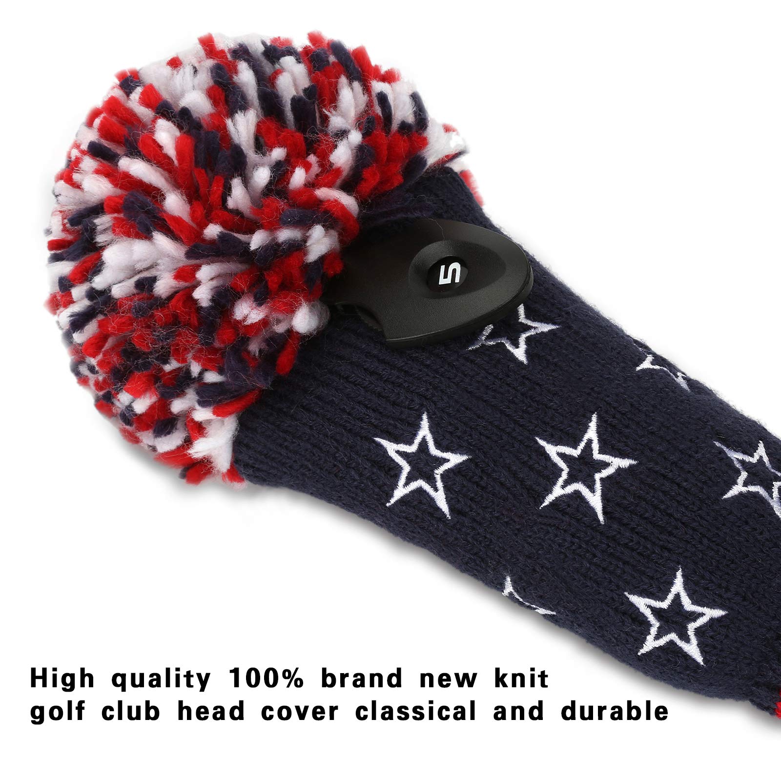 Golf Head Covers (3PCS) Driver Fairway #3#5 Knit Pom Pom White Blue Red USA Flag Desin with Number Tag
