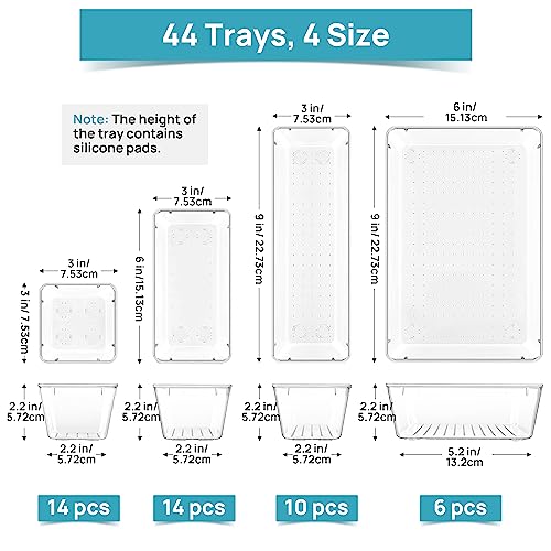 Vtopmart 44 PCS Clear Plastic Drawer Organizers Set, 4-Size Versatile Bathroom and Vanity Drawer Organizer Trays, Non-Slip Storage Containers for Makeup, Jewelries, Bedroom,Kitchen Utensils and Office