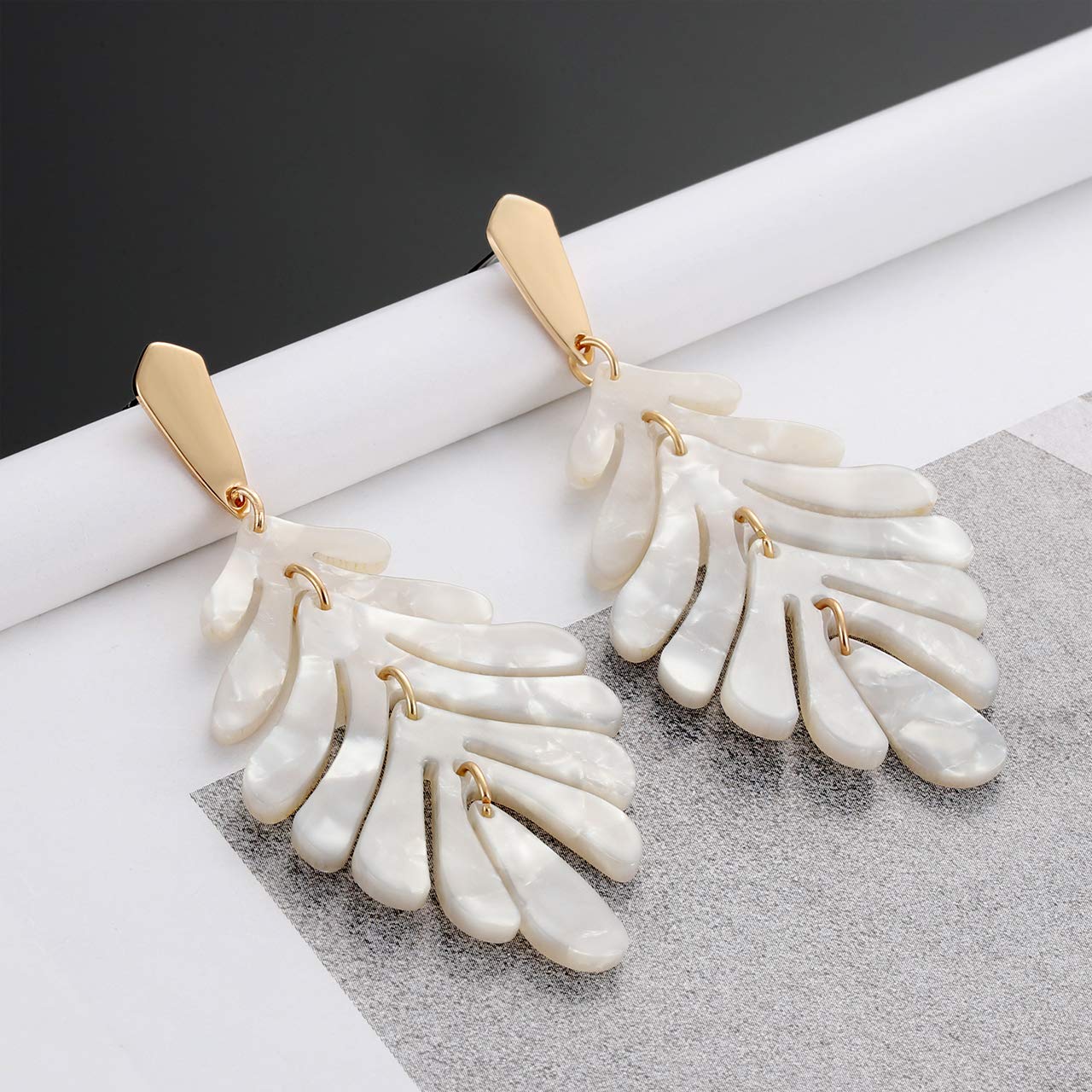 GLBCC Acrylic Leaf Dangle Earrings, White, Brass