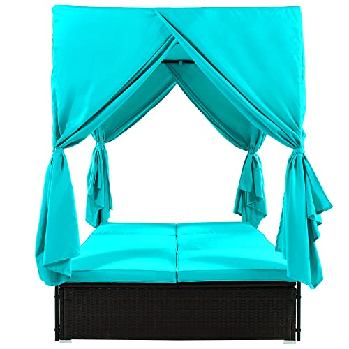 GODAFA Sofa Outdoor Patio Wicker Sunbed Daybed Lounge Chairs with Canopy, Cushions, and Adjustable Seats-Perfect for Backyard and Porch Relaxation, Blue
