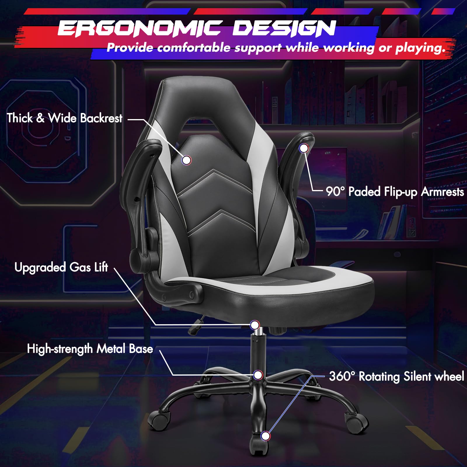 Gaming Chair, Ergonomic Office Chair High Back Computer Chair with PU Leather and Flip-up Armrest, Executive Ergonomic Adjustable Swivel Task Chair - White