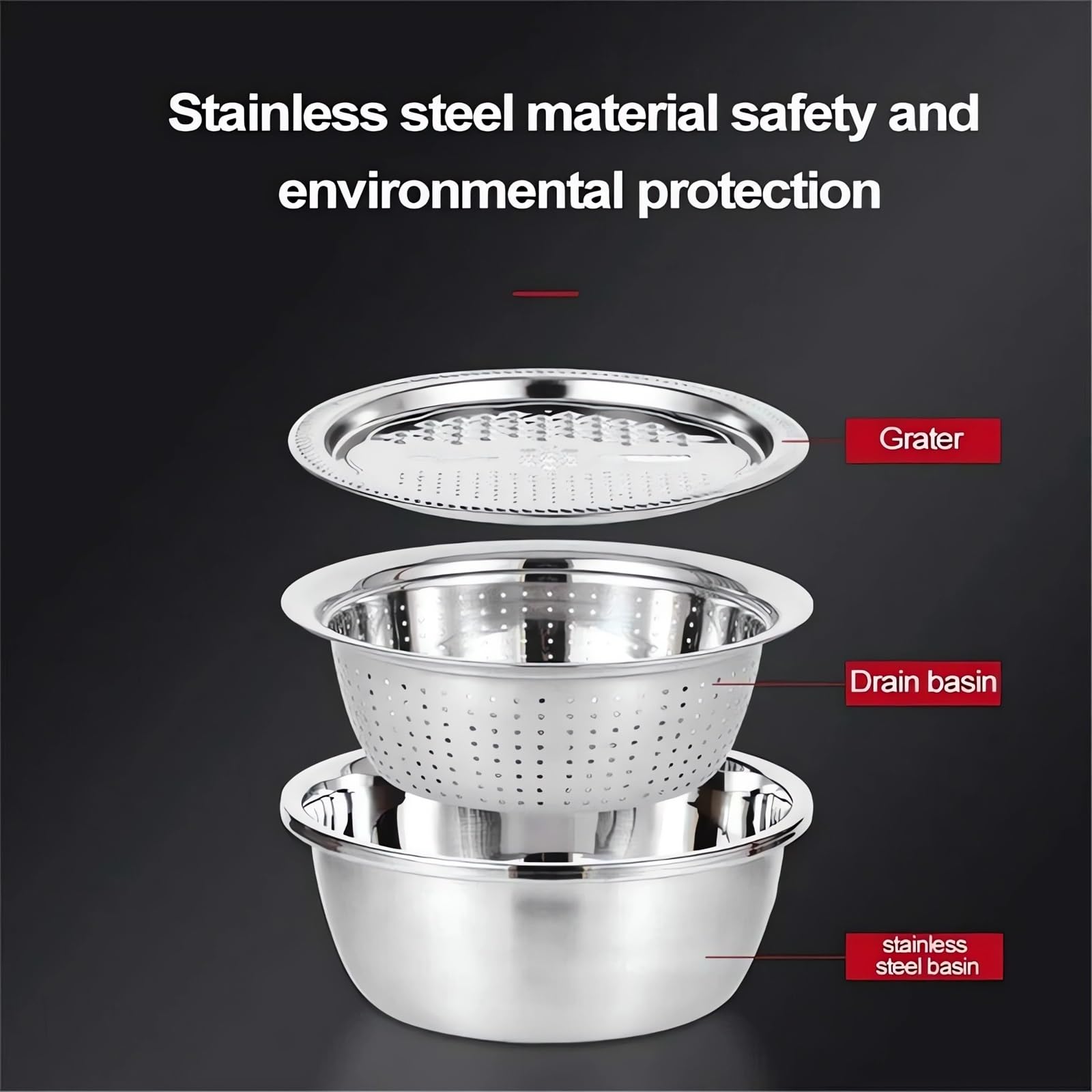 Germany Multifunctional Stainless Steel Basin - 2024 New Colander Strainer Set, Salad Spinner Fruit Vegetable Rice Washing Strainer Basket Bowl, Rice Rinser Food Graters with Container (DI-9.45in)