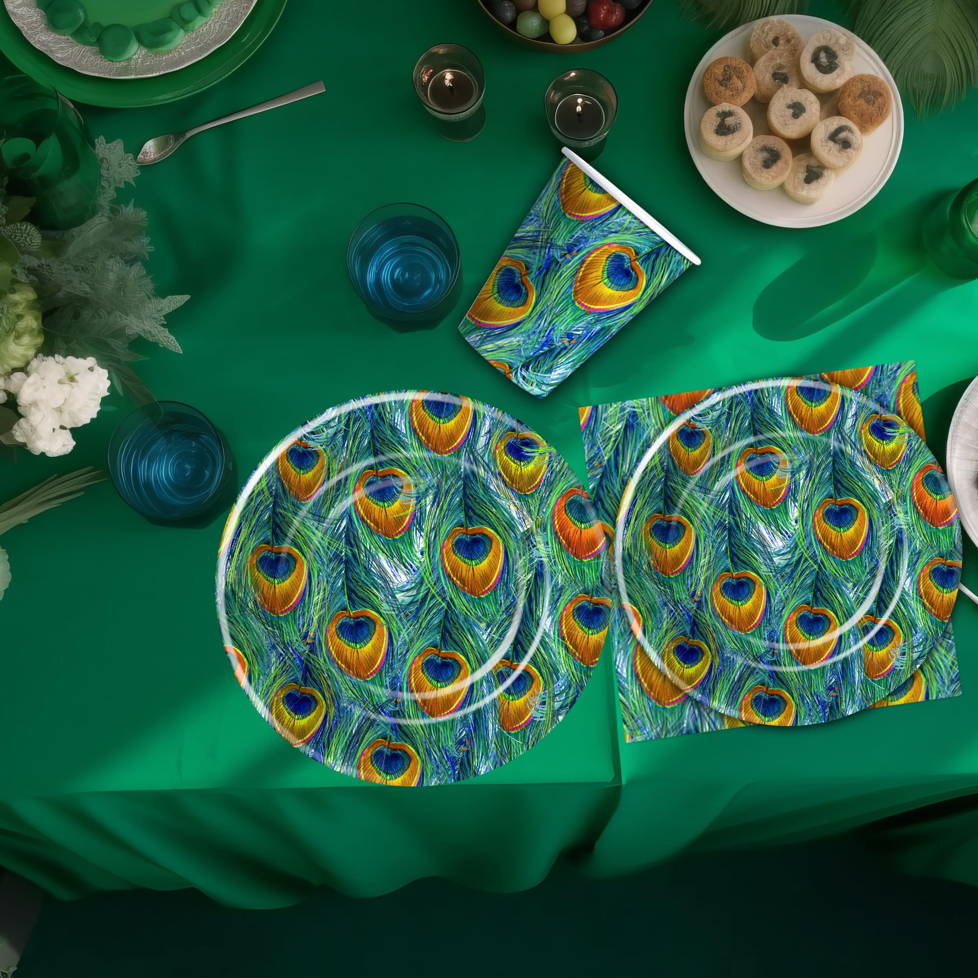 Xenorik Peacock Feather Party Decorations Tableware - Peacock Birthday Party Supplies, Plate, Cup, Napkin, Cutlery, Zoo Bird Peacock Theme Table Decorations For Bridal Baby Shower Wedding | Serve 24