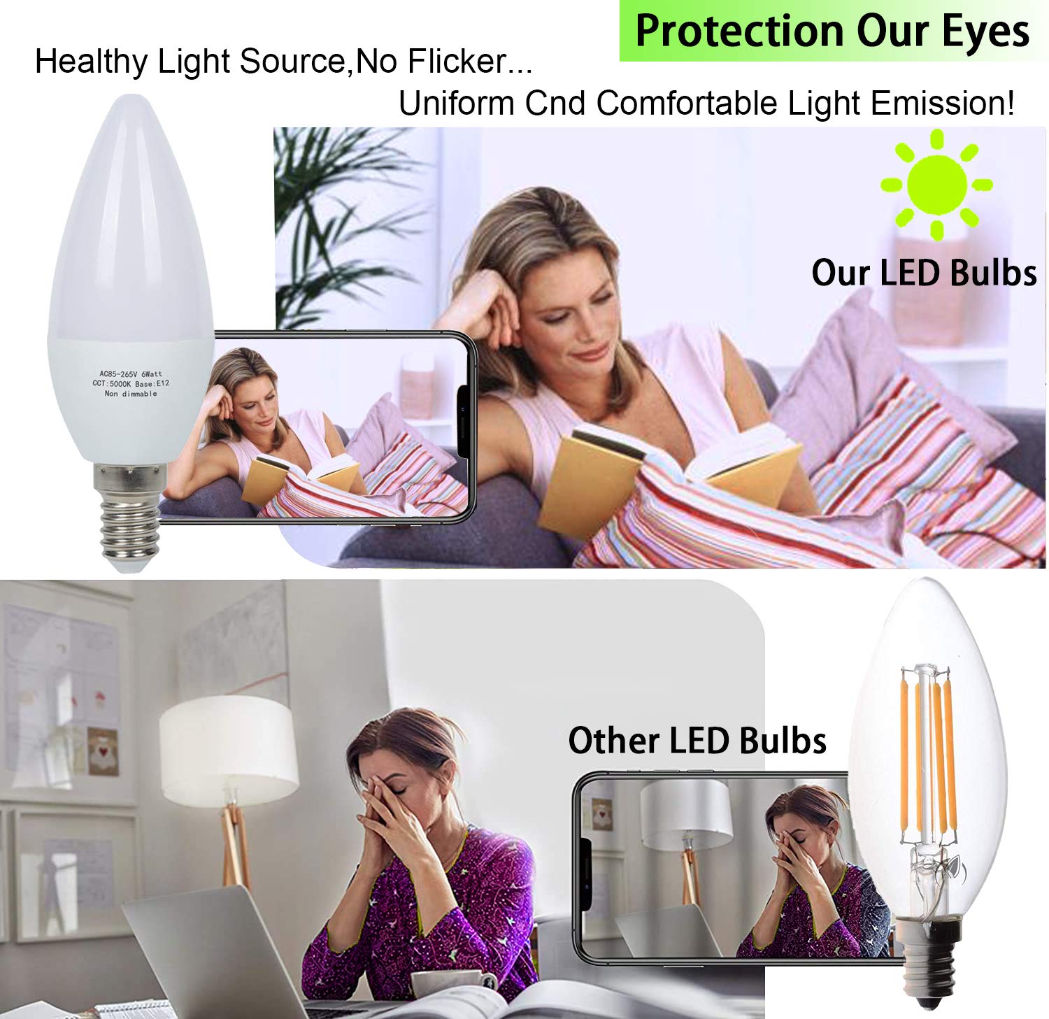 GOSCHE E12 Led Candelabra Bulbs, 5000K Daylight Ceiling Fan Light Bulbs, 60W Equivalent Chandelier Lightbulbs, Type B Small Lamp, 550 LM,Non-Dimmable Candle Bulb,6 Pack