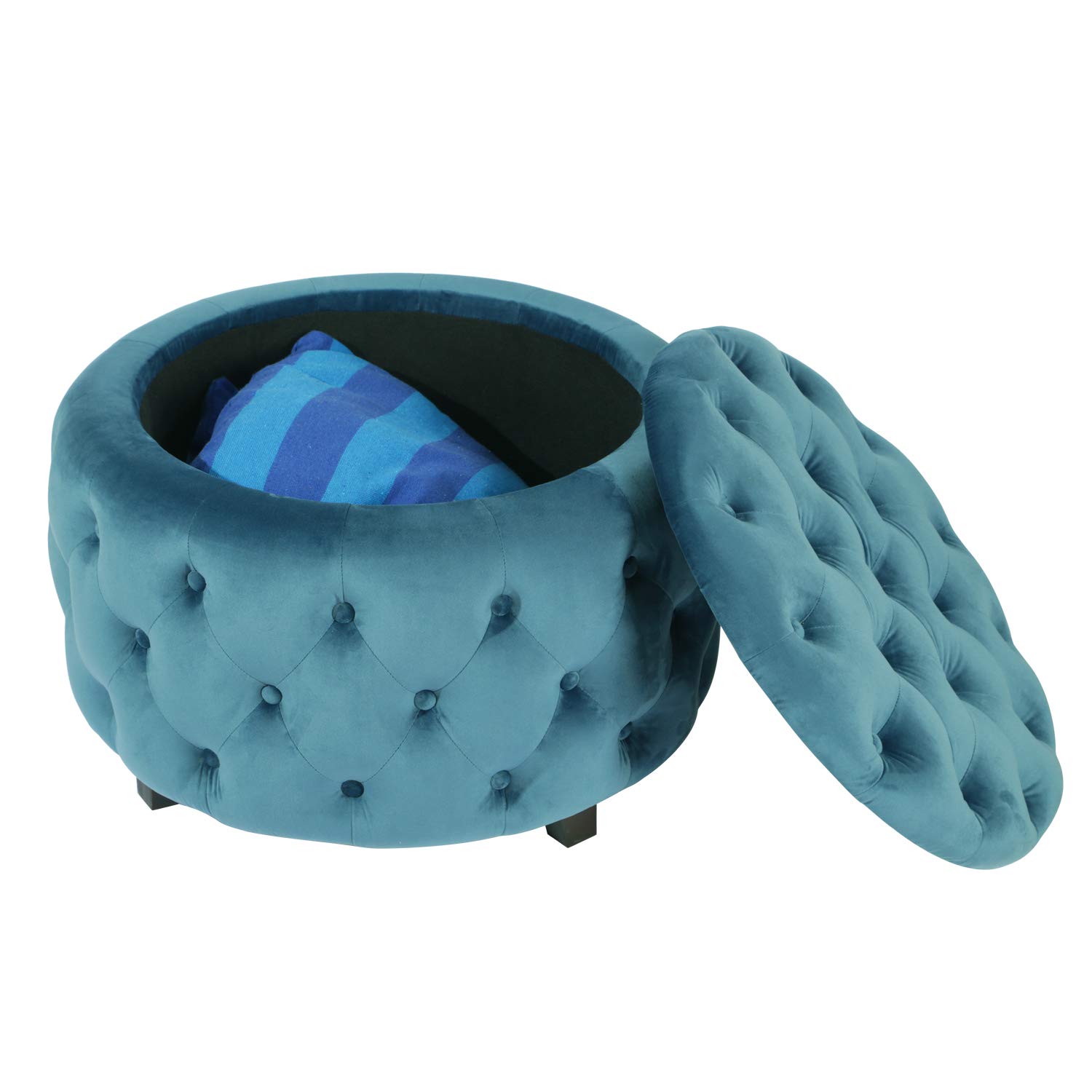 Homebeez Round Velvet Storage Ottoman, Button-Tufted Footrest Stool with Wood Legs (Teal) Medium