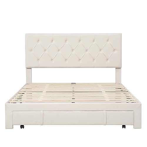 Queen Size Velvet Upholstered Platform Bed Frame with Headboard & Storage Drawer, Platform Bed with Sturdy Wooden Slats Support, No Box Spring Needed for Bedroom Small living Space (Beige, Queen)