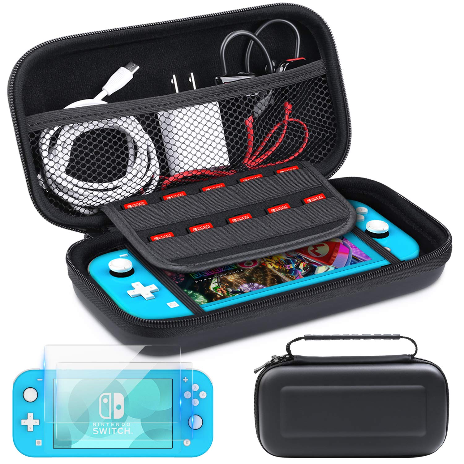 HEYSTOP Carrying Case Compatible with Nintendo Switch Lite with 2 Pack Screen Protector, Protective Hard Shell Travel Carrying Convex Case Pouch for Nintendo Switch Lite Console, Grey