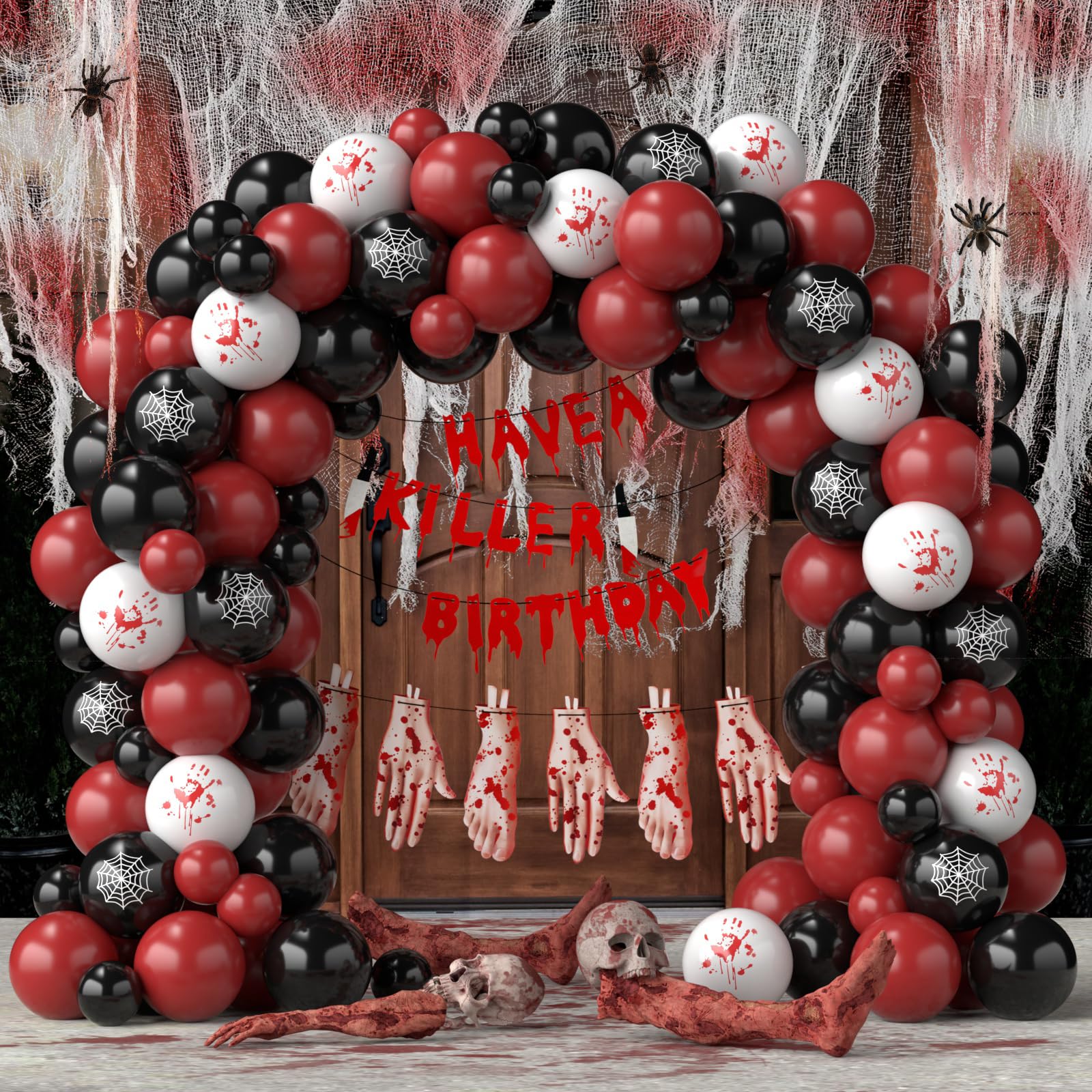 Halloween Balloon Garland with Creepy Cloth & 2 Style Banner - Black Red and Bloody Hand Print White Balloons Different Sizes Balloon Arch Kit for Halloween Scary Birthday Party Decorations Supplies