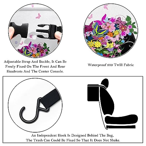 RODAILYCAY Car Trash Can with Lid and Storage Pockets, Waterproof & Leak-Proof Garbage Container Bin for Car, Vehicle Dustbin Flowers Fairy Kissing Butterflies Pink