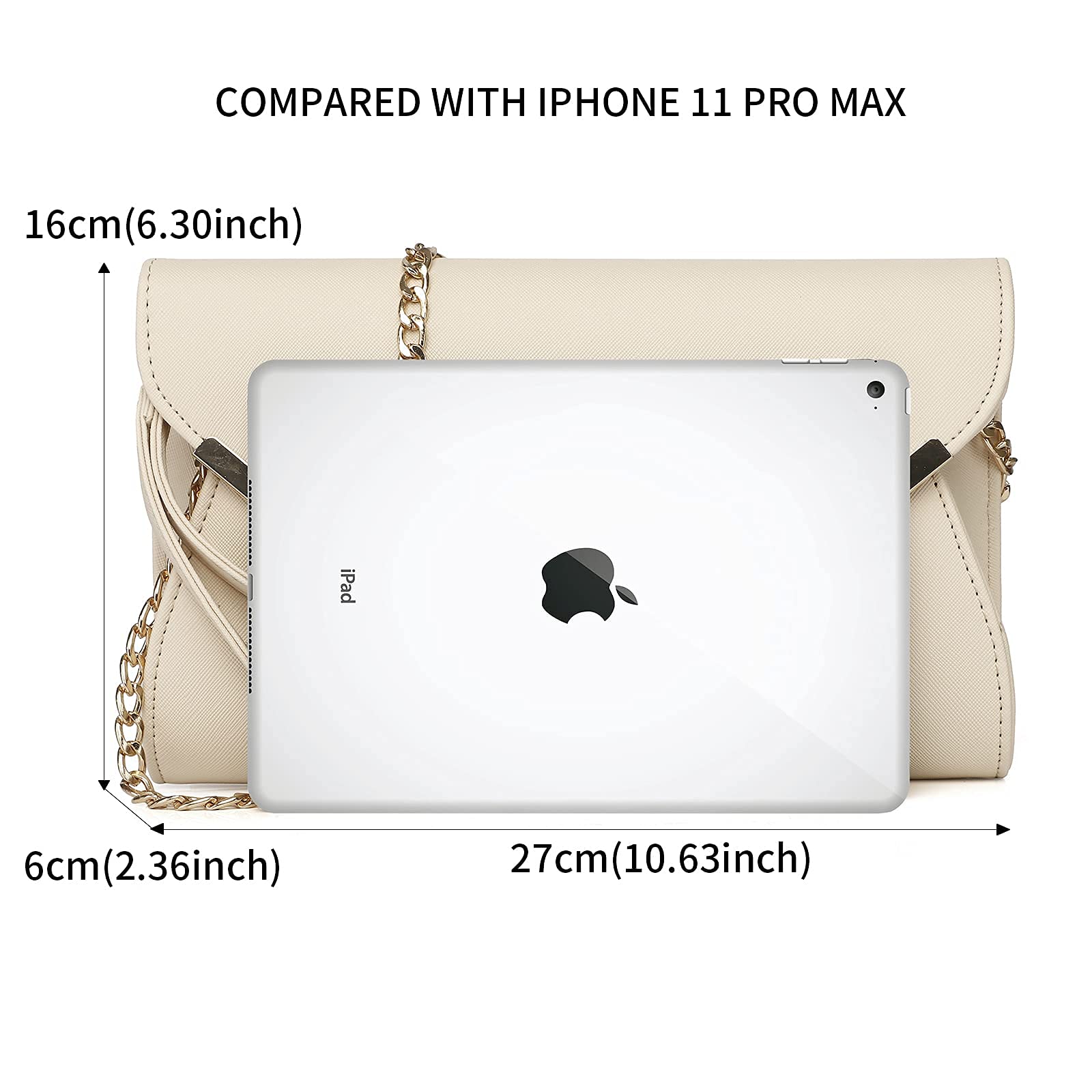 GESU Womens Faux Leather Envelope Clutch Bag Evening Handbag Shoulder Bag Wristlet Dress Purse,Large,Beige.