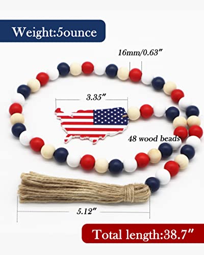 Wooden Beads Decor,Fall Decorations for Tiered Tray Decor Wood Bead Garland, Farmhouse Decor Beads with Tassel, Prayer Boho Beads Big Wall Hanging Decor (Red, White, Blue)