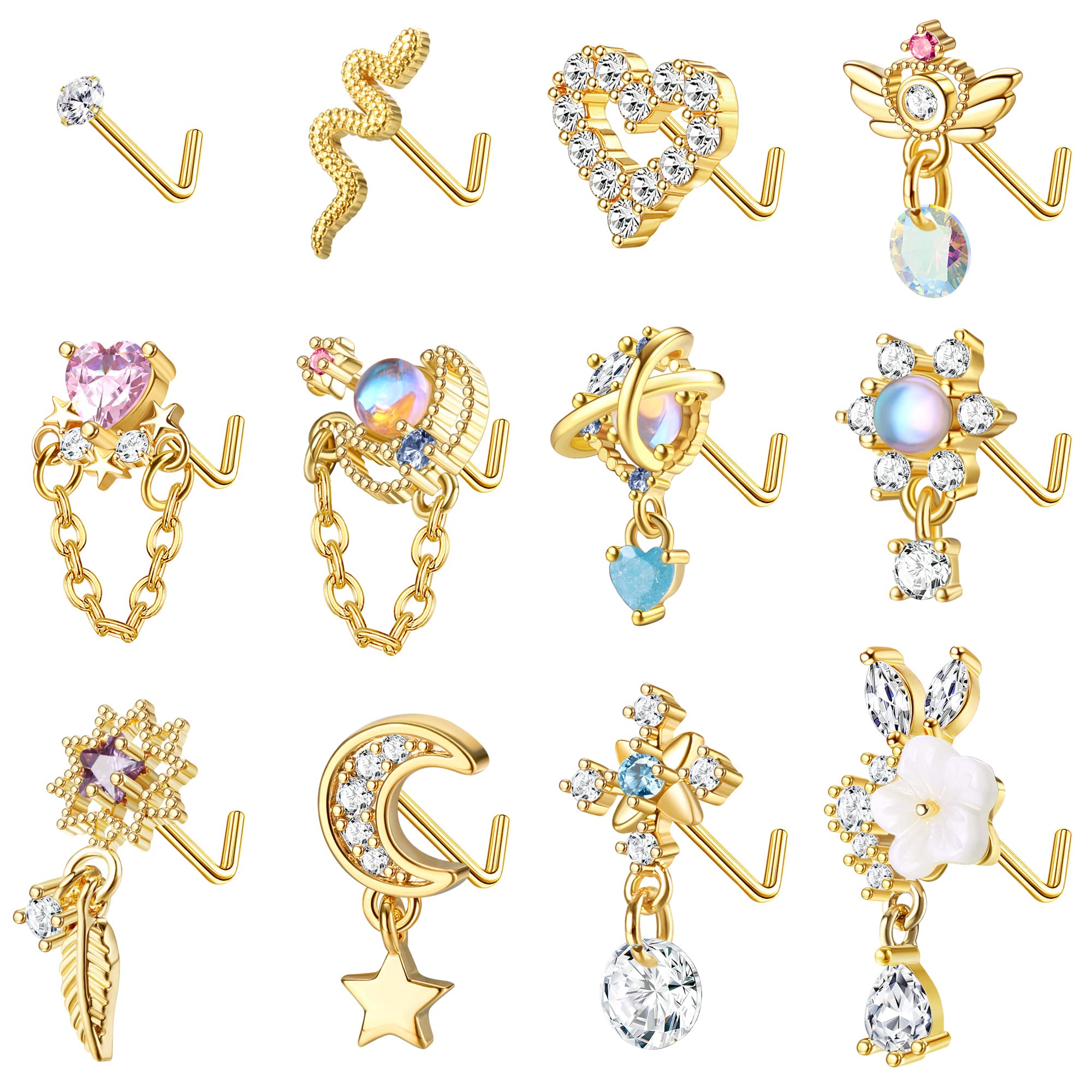 Jstyle Dangle Nose Rings Studs for Women Stainless Steel L Shaped Nose Studs Heart Arrow Feather Snowflake Wing CZ Dangling Nose Piercing Jewelry G