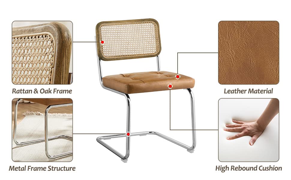 Zouron Mid-Century Modern Dining Chairs, Leather Accent Kitchen Chairs with Rattan Back, Armless Upholstered Fabric Spone Chairs with Chrome Metal Legs, Set of 2, Yellwo Brown