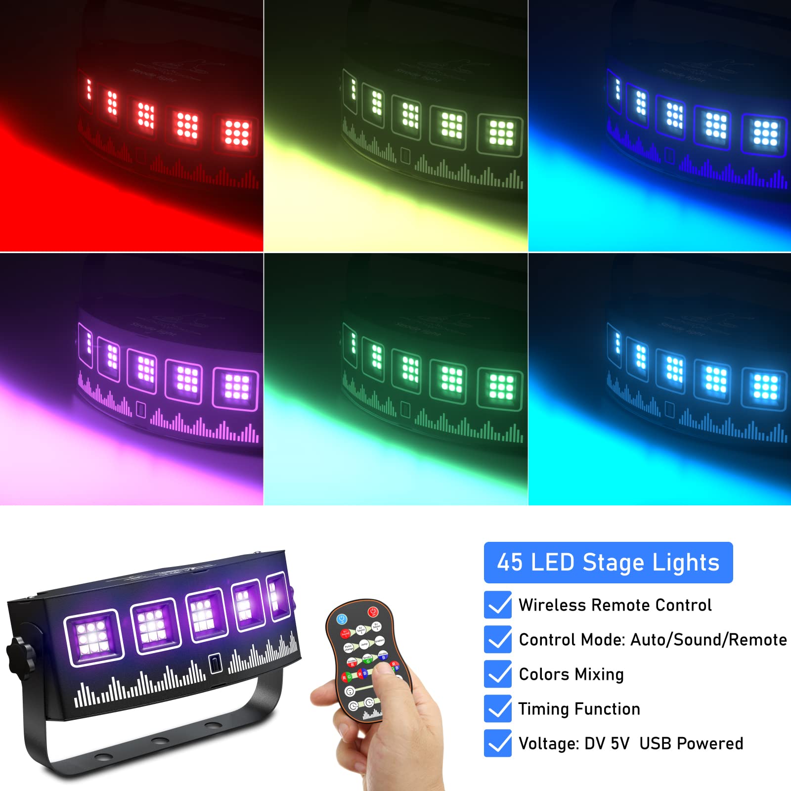 Mini Strobe Party Light, Hakuta 45 LEDs DJ Projector Lights Sound Activated with Remote, DJ Disco Stage Party Lights for Halloween, Christmas, Birthday, Wedding and Club