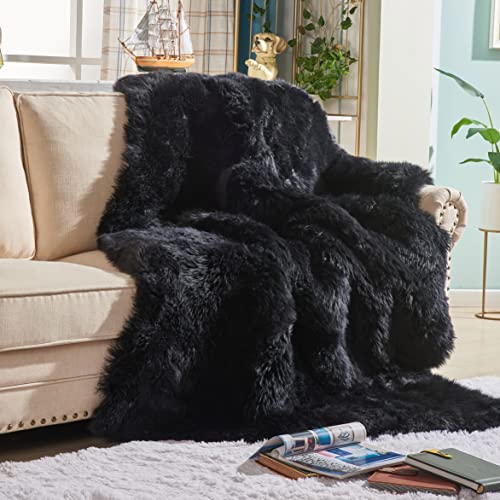 Sheepskin Blanket, Real Fur Throw, Luxuriously Plush, Really Warm and Super Soft for Queen Size Beds & Couches (Obsidian Black, 50x60)