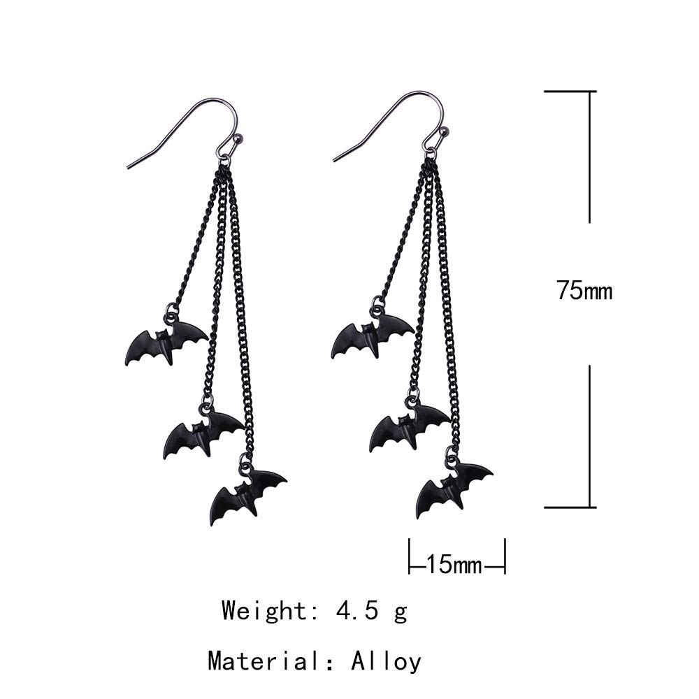 Halloween Black Bat Vampire Dangle Earrings Necklace Set Long Dangle Hook Earrings Halloween Costumes Scary Decorations Party Jewellery Gift for Women Girls-B Earring