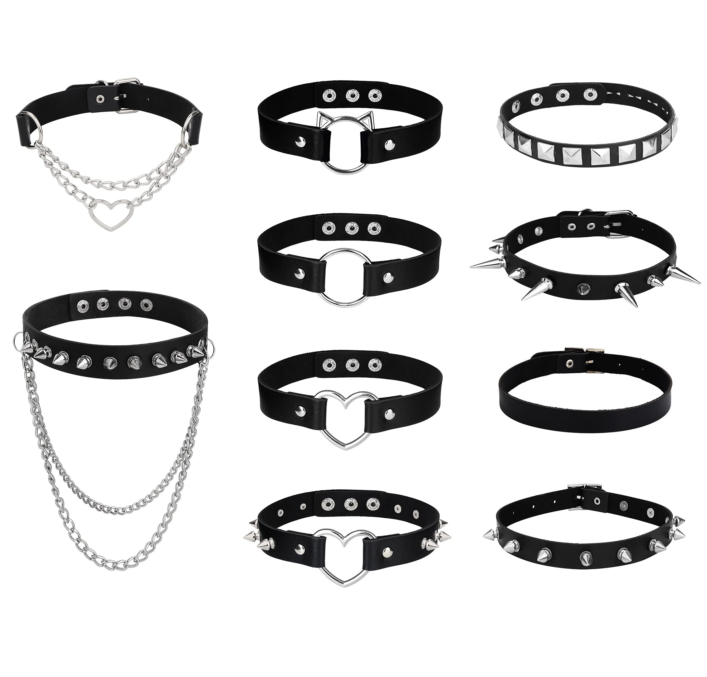 IRONBOX 10Pcs PU Leather Choker Punk Necklace For Women Adjustable Heart Rock Choker Goth Spiked Black Cat Collar Choker Necklace